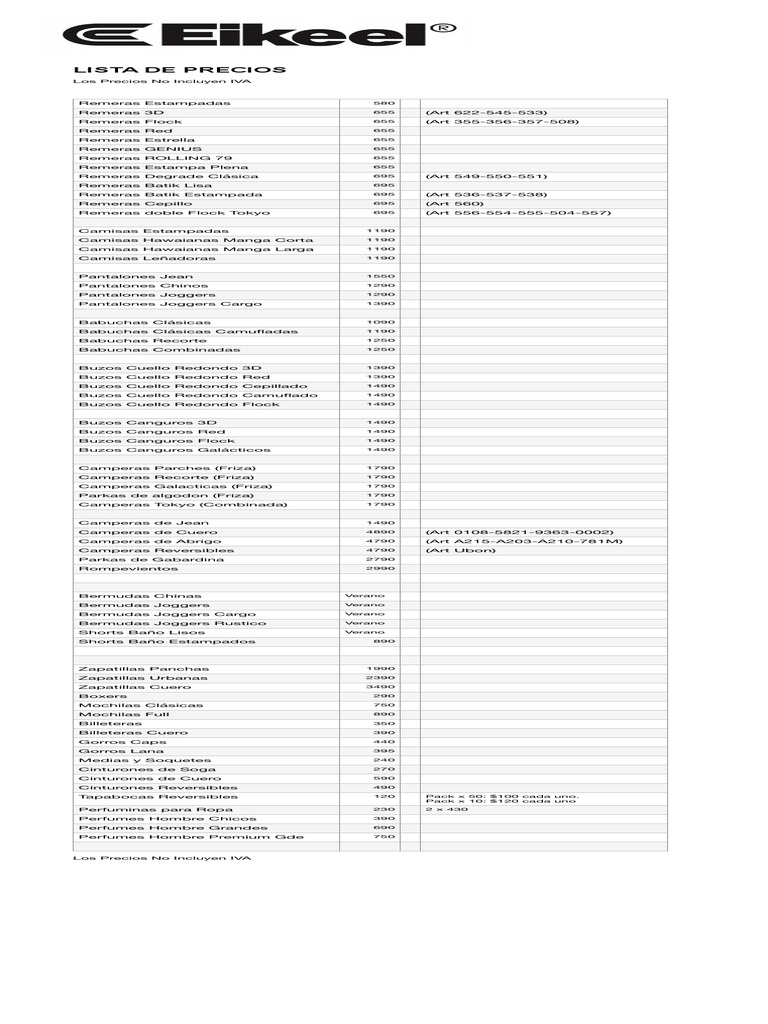 Lista de Precios | PDF | Ropa | Softlines (venta minorista)