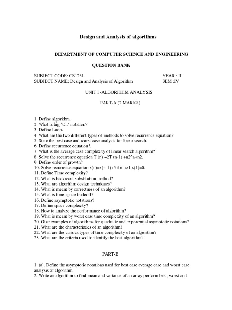 Design And Analysis Of Algorithms Question Bank Pdf Computational Complexity Theory
