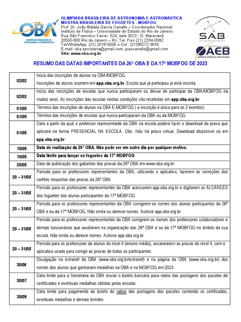 Datas Importantes OBA 2023 e MOBFOG | PDF