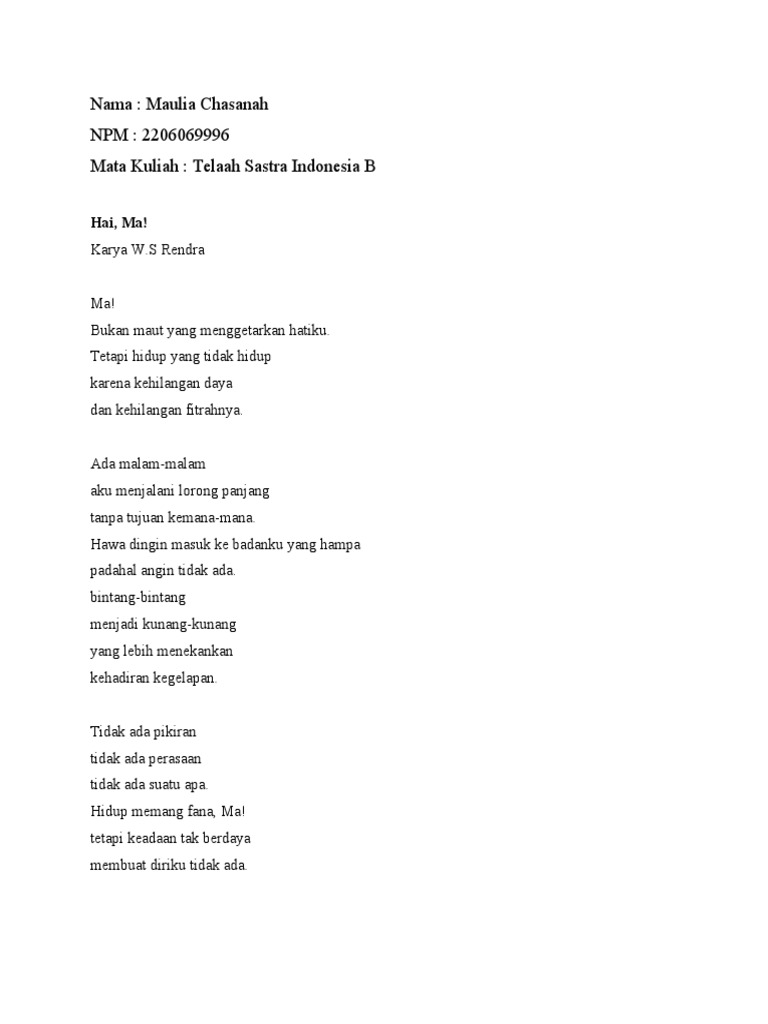 Analisis Puisi Hai, Ma! Karya W.S Rendra | PDF