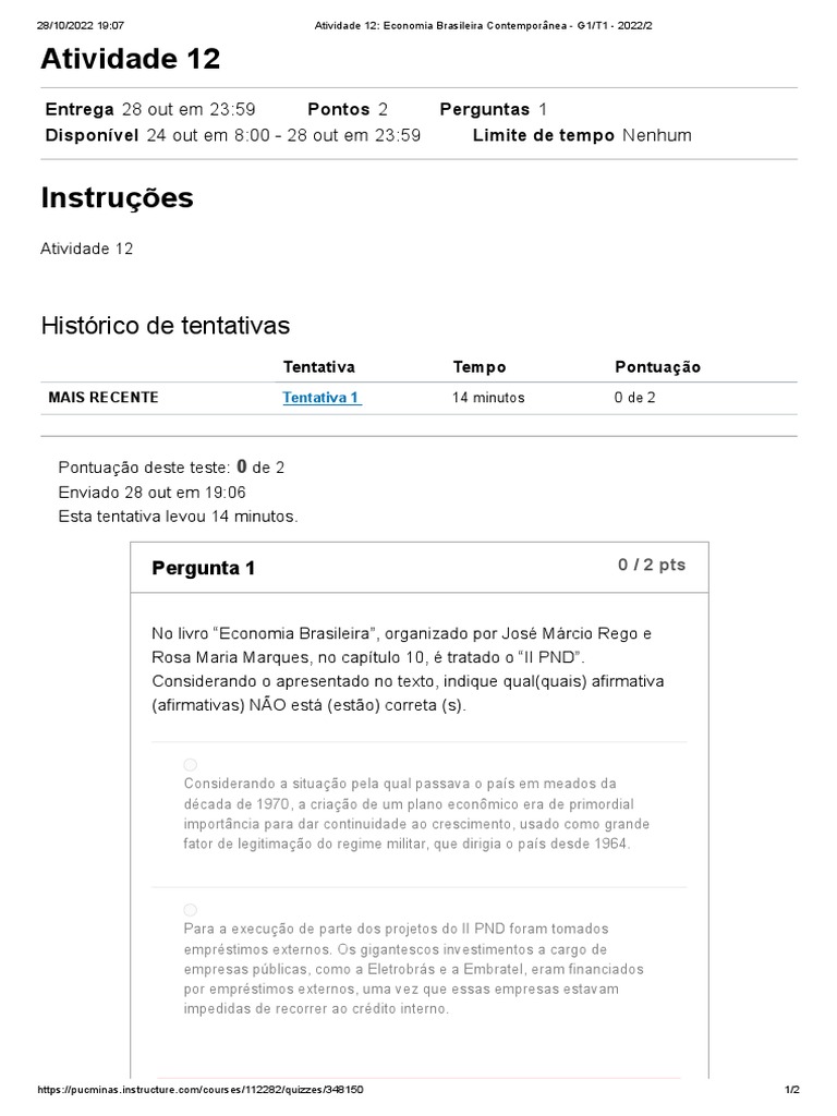 Atividade 12 - Economia Brasileira Contemporânea - G1 - T1 - 2022 - 2 | PDF | Economia | Brasil