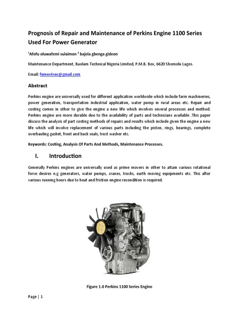 Prognosis of Repair and Maintenance of Perkins Engine 1100 Series | PDF ...