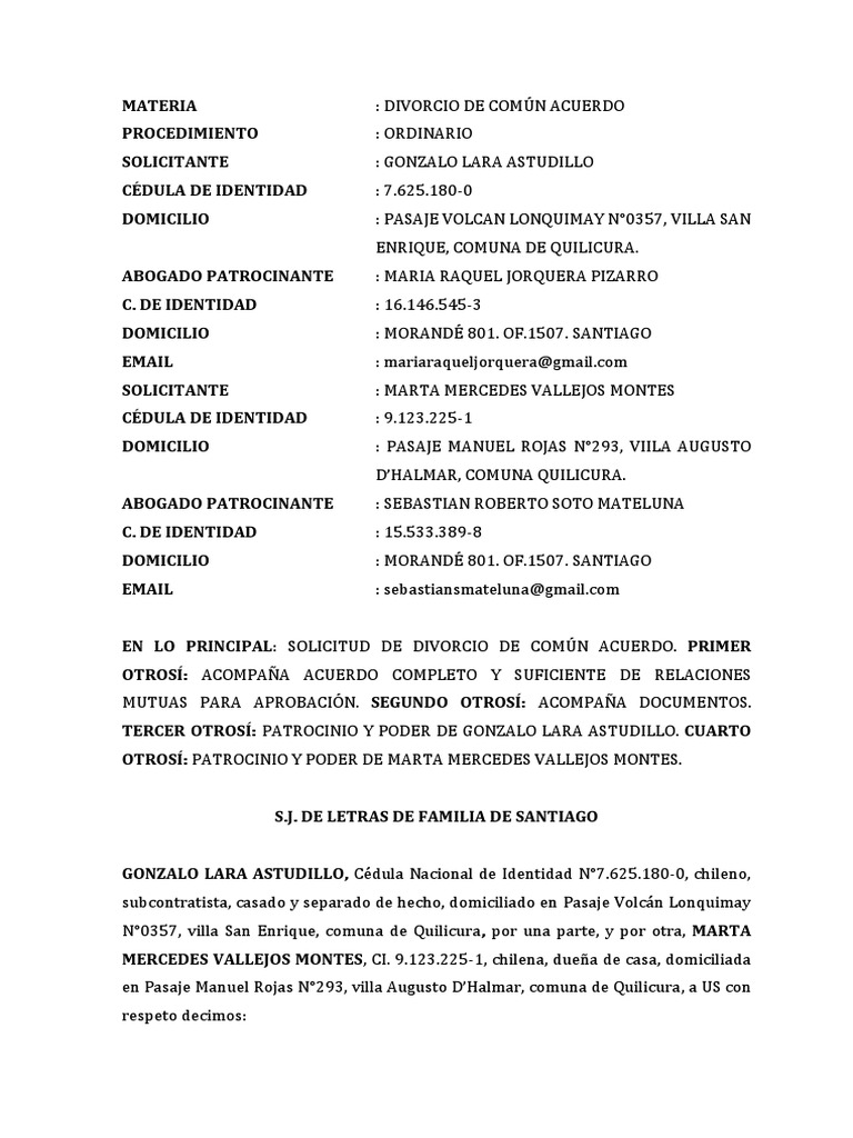 Demanda Divorcio Mutuo Acuerdo Pdf Matrimonio Divorcio