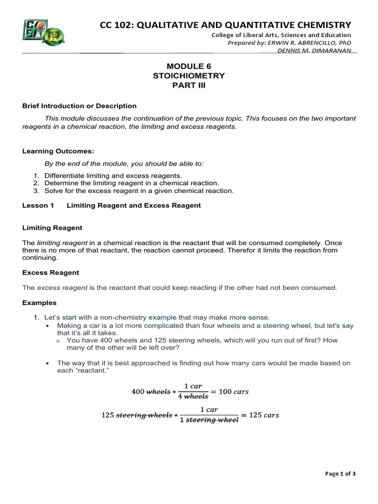 6uu6izgr2 - MODULE 6 STOICHIOMETRY PART III | PDF | Oxide | Acid