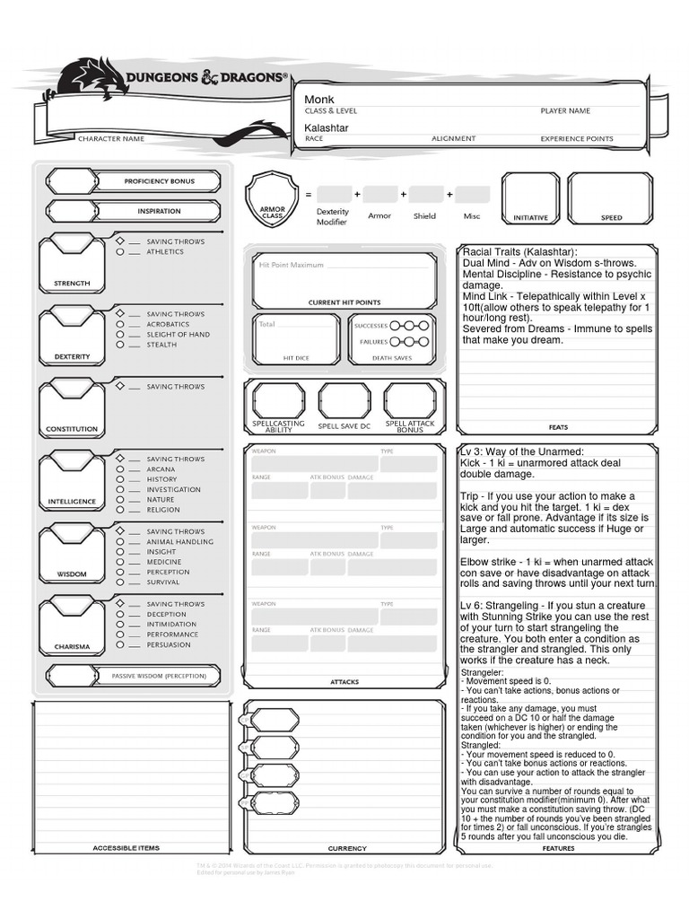 Alt 5e Character Sheet - Monk | PDF