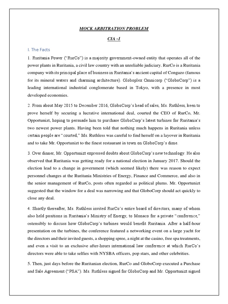 I. The Facts: Mock Arbitration Problem CIA - 1 | PDF | Arbitration | Corruption