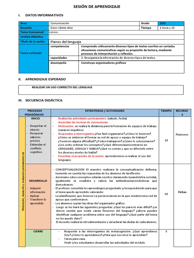 Sesion Planos Del Lenguaje | PDF | Aprendizaje | Maestros