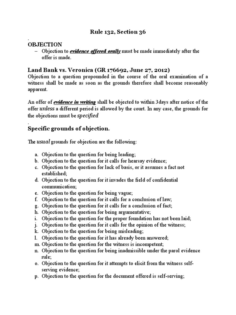 Rule 132 Types of Objections | PDF