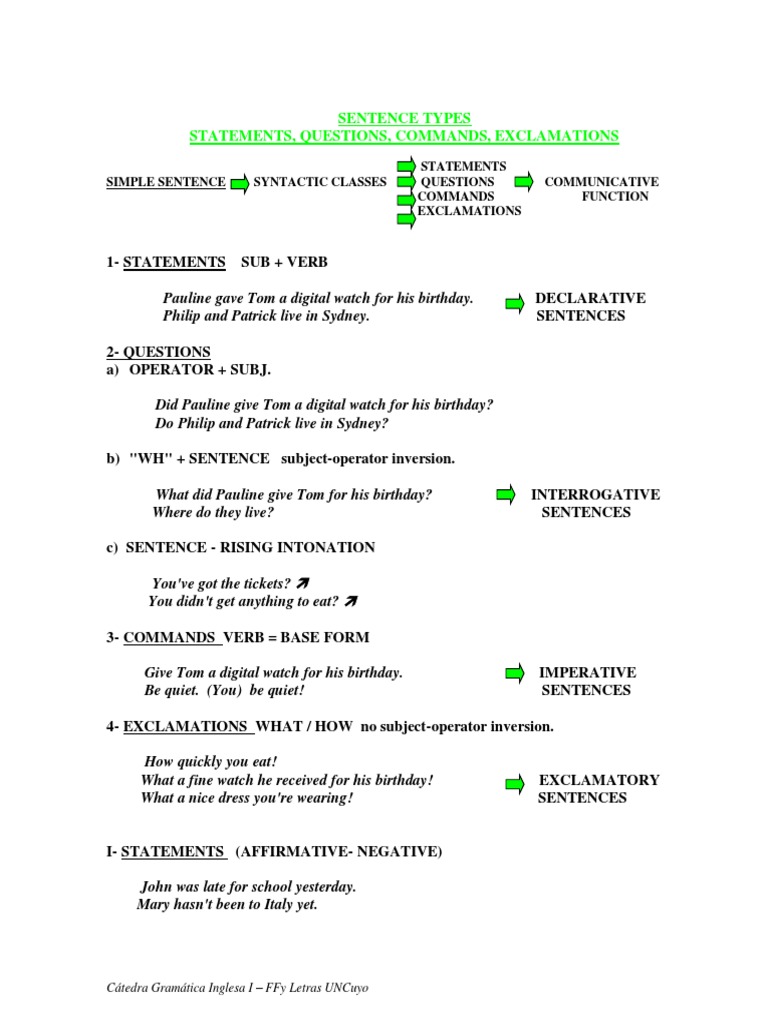 Sentence Types - The Units of English Grammar - Guide | PDF