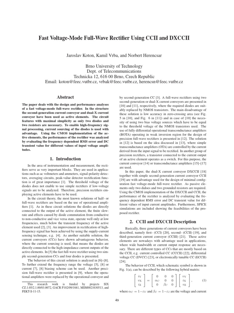 Fast Voltage-Mode Full-Wave Rectifier Using CCII and DXCCII | PDF | Rectifier | Amplitude