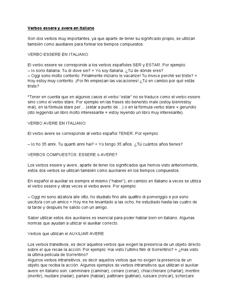 Verbos Essere y Avere en Italiano | PDF | Verbo | Relaciones sintácticas