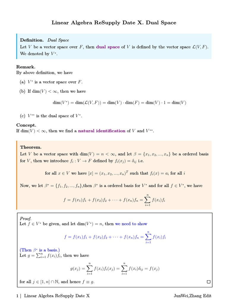 Linear Algebra Resupply Date X. Dual Space | PDF | Basis (Linear Algebra) | Vector Space