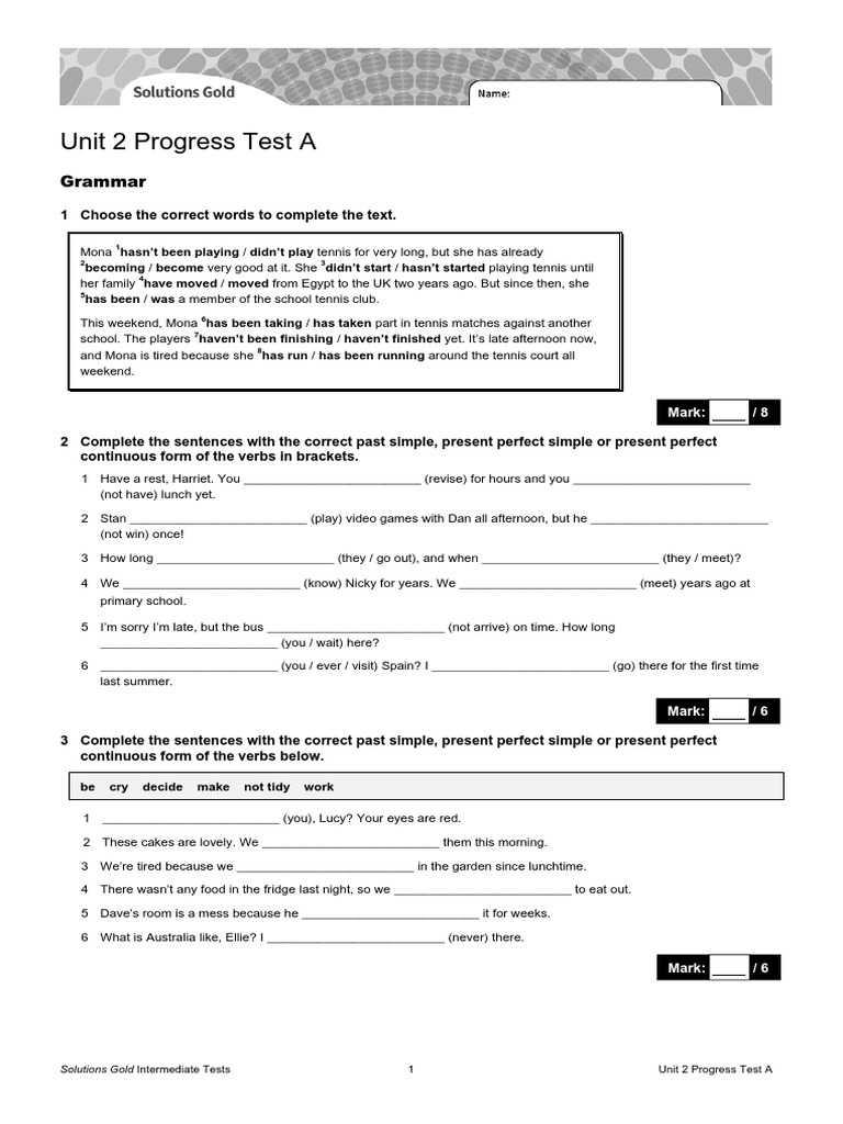 Solutions Gold Intermediate Progress Test Unit 2A | PDF | Linguistics