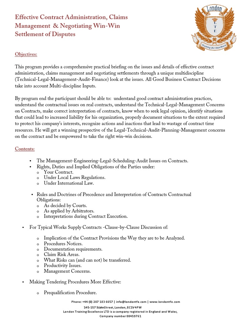 Effective Contract Administration, Claims Management & Negotiating Win ...