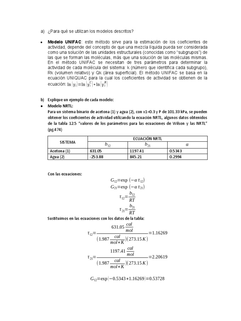 Modelos UNIFAC, NRTL y Van Laar | PDF | Química | Teoría de sistemas