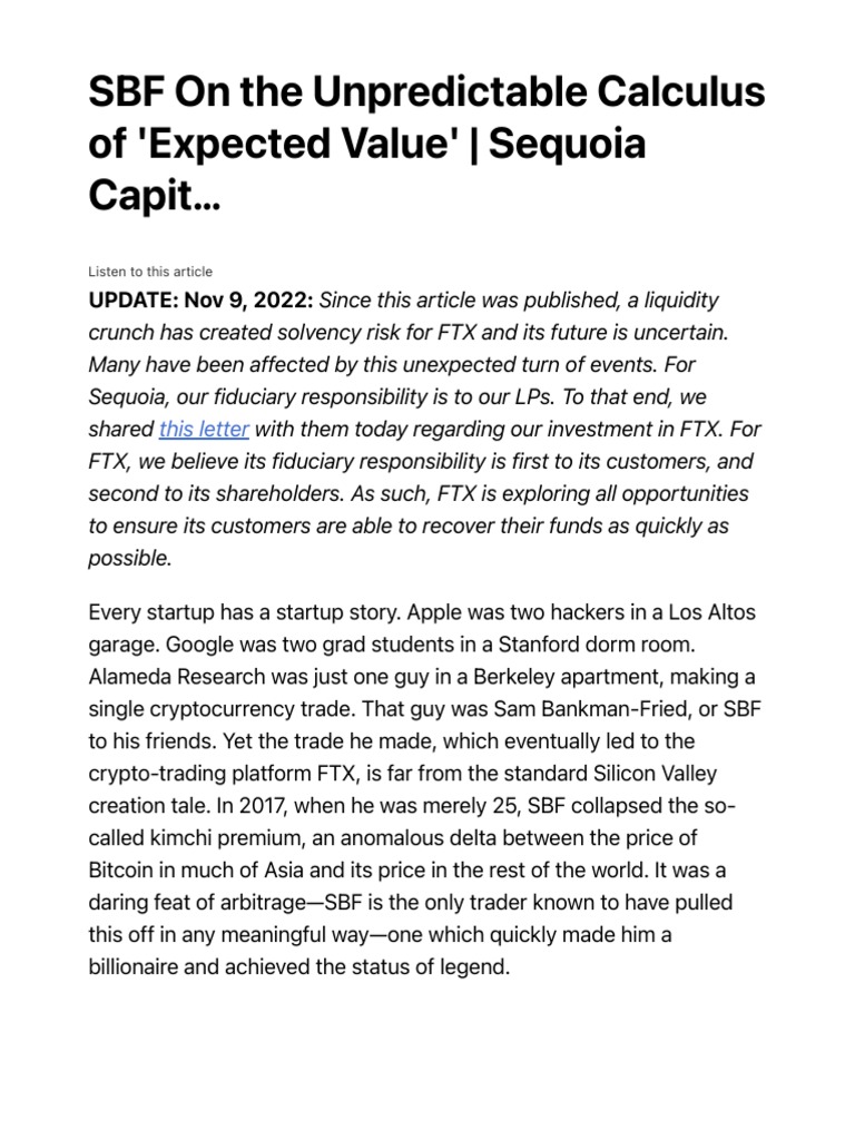 SBF On The Unpredictable Calculus of 'Expected Value' - Sequoia Capital | PDF | Cryptocurrency ...
