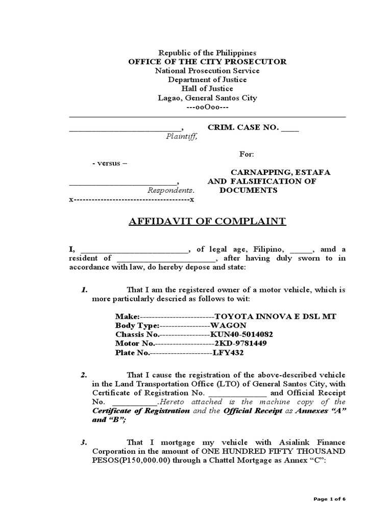 AFFIDAVIT OF COMPLAINT - CARNAPPING | PDF | Foreclosure | Justice