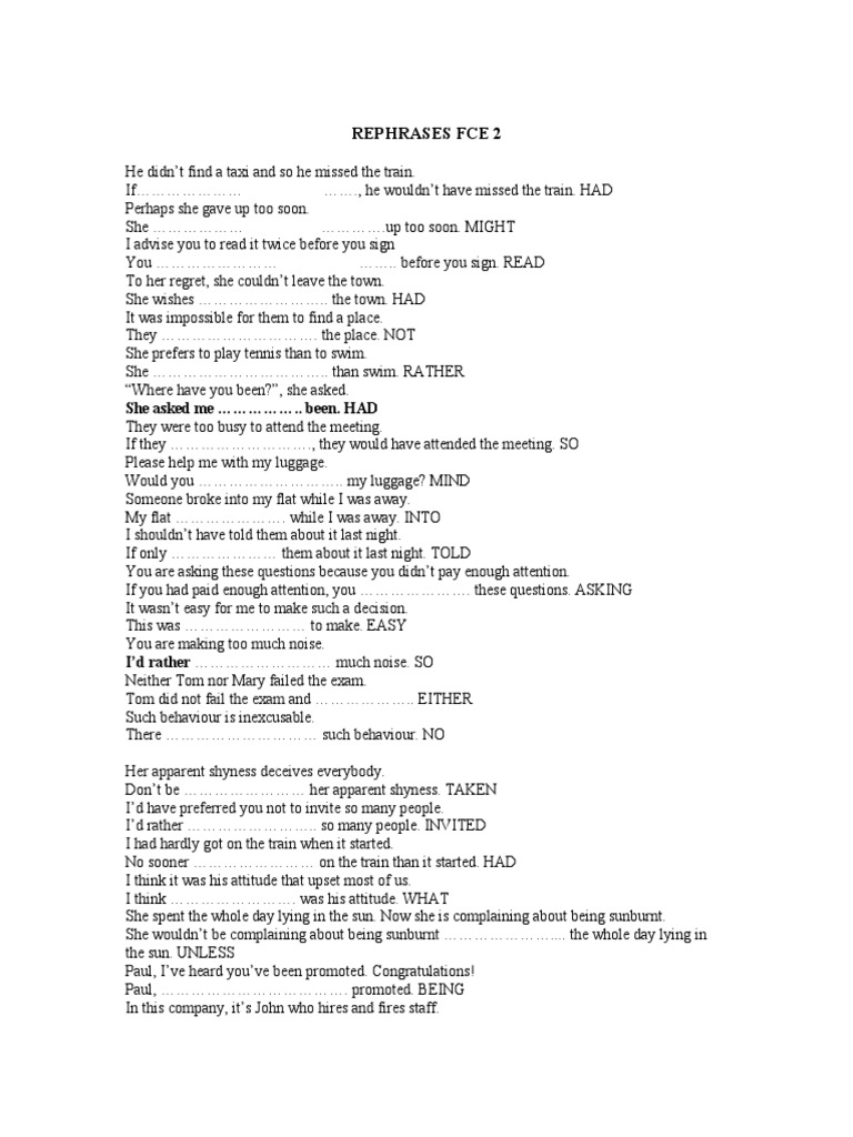 FCE Rephrase Exercises 2 | PDF