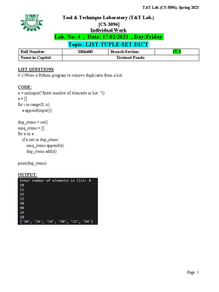 T&T Lab Individual Work: Lists, Tuples, Sets and Dictionaries | PDF | Computer Science | Computing