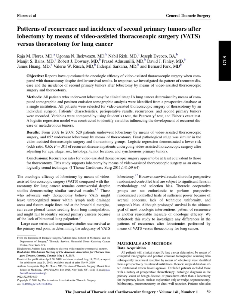Patterns of Recurrence and Incidence of Second Primary Tumors VATS Open ... Patterns of Recurrence and Incidence of Second Primary Tumors VATS Open ...