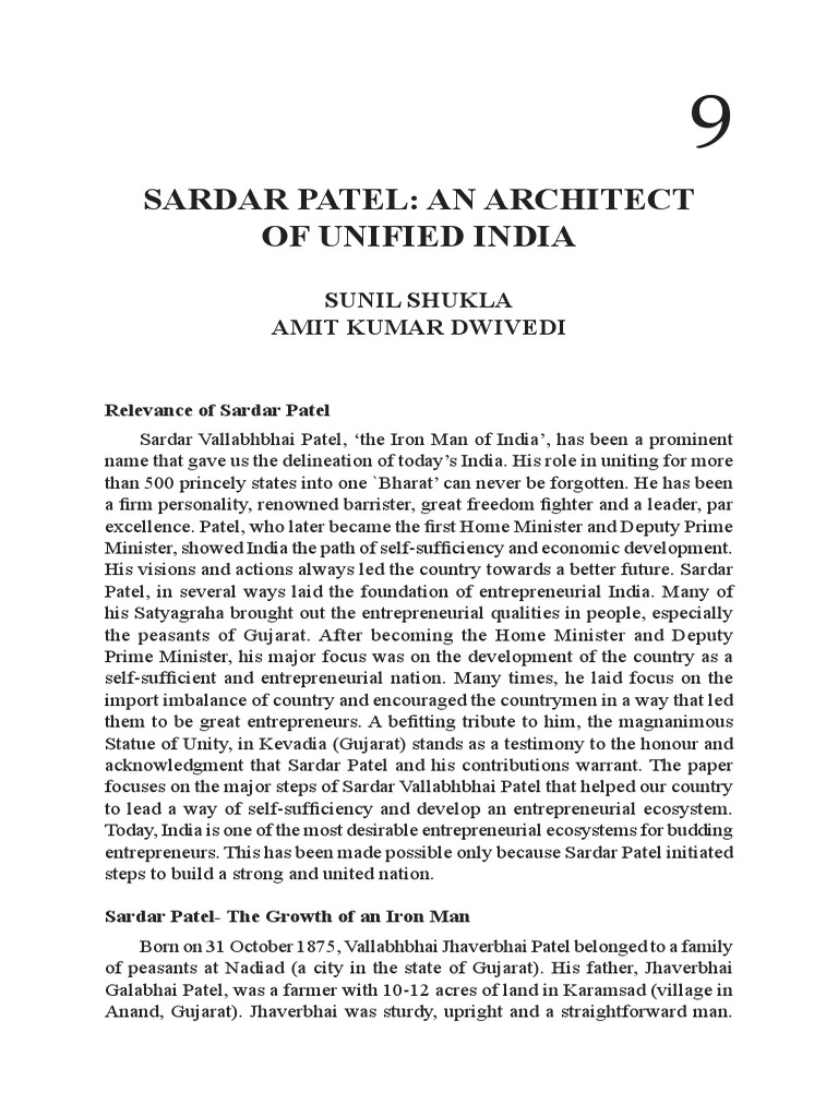 Sardar Patel's role in building a unified and entrepreneurial India | PDF