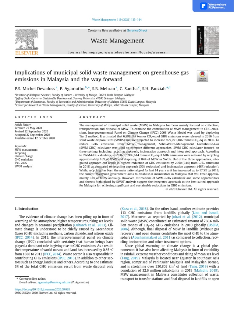MSW Management and GHG Emissions in Malaysia | PDF | Municipal Solid ...