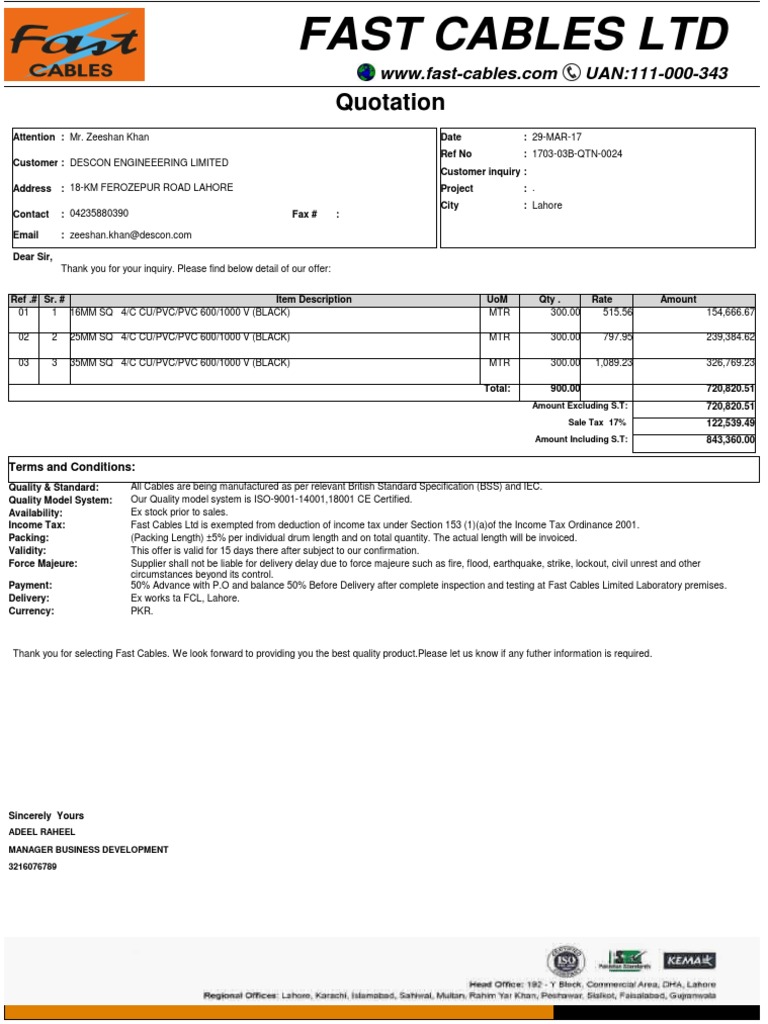 Fast Cables LTD: Quotation | PDF | Taxes | Payments