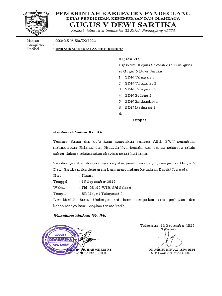 Undangan Kegiatan KKG Gugus 5 Dewi Sartika | PDF
