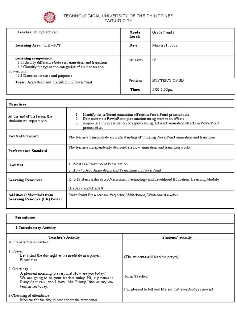 DLP - PPT Animation and TransitionFinal | Download Free PDF | Microsoft Power Point | Learning