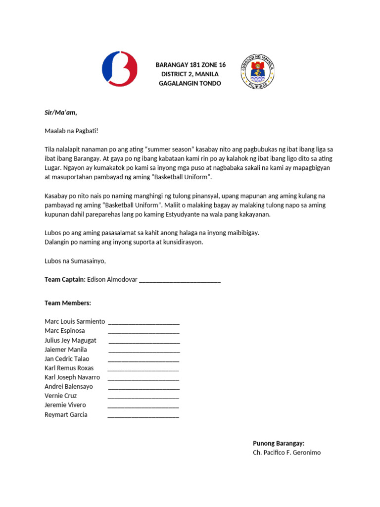 Barangay 181 Zone 16 District 2, Manila Gagalangin Tondo: Sir/Ma'am | PDF