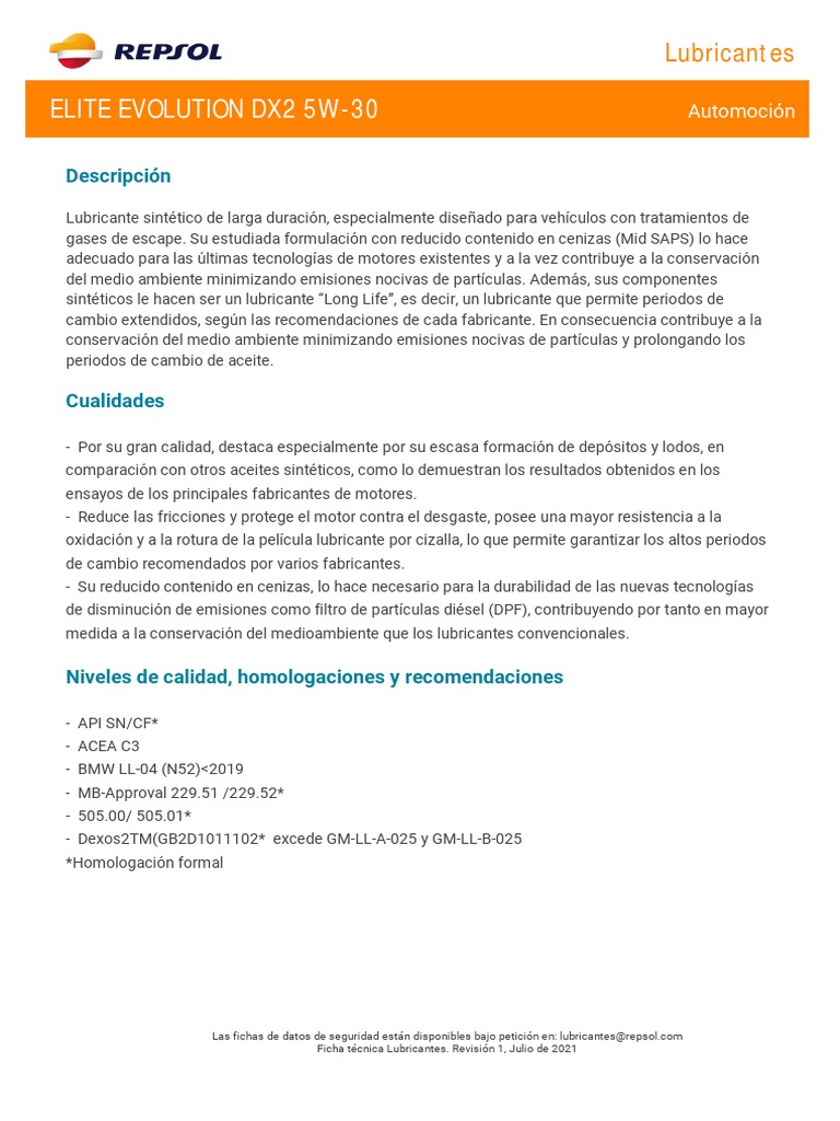 ELITE_EVOLUTION_DX2_5W-30_ES | PDF | Lubricante | Ingeniería mecánica