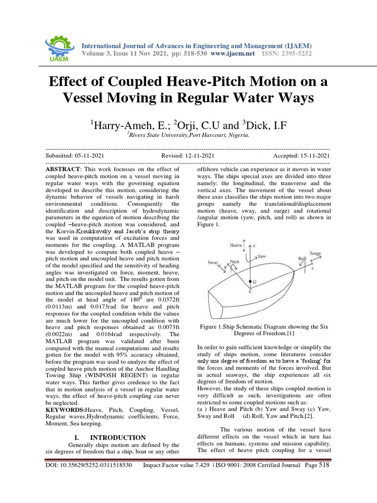 Effect of Coupled Heave Pitch Motion On A Vessel Moving in Regular ...