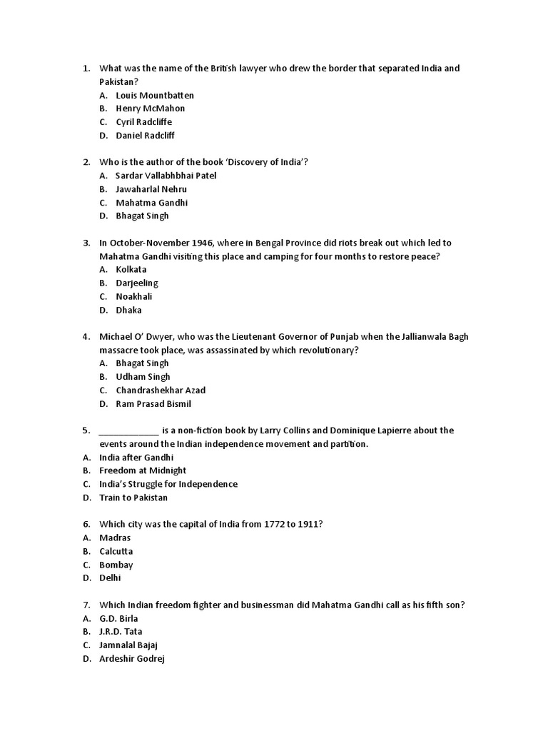 Independence Day Quiz Questions and Answers | PDF
