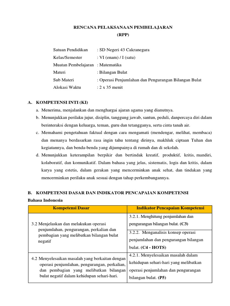Rencana Pelaksanaan Pembelajaran (RPP) | PDF