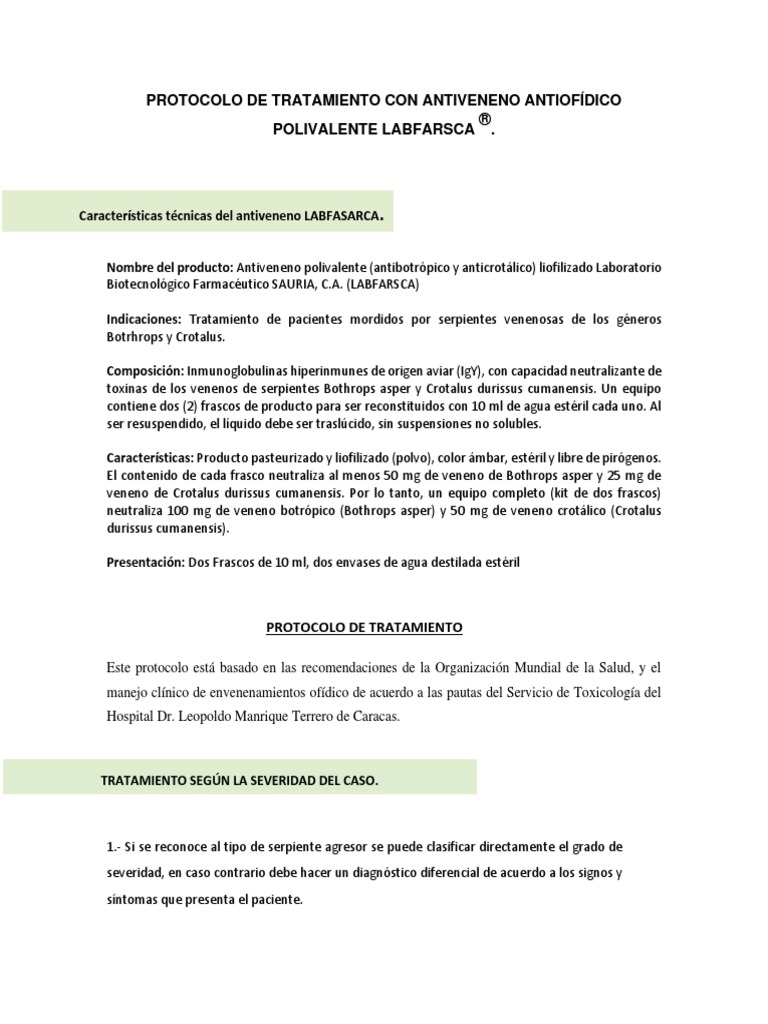 Protocolo de Tratamiento Con Antiveneno Antiofídico Polivalente ...