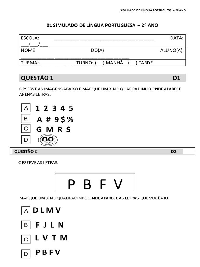 01 SIMULADO LP 2º Ano ATUAL | PDF