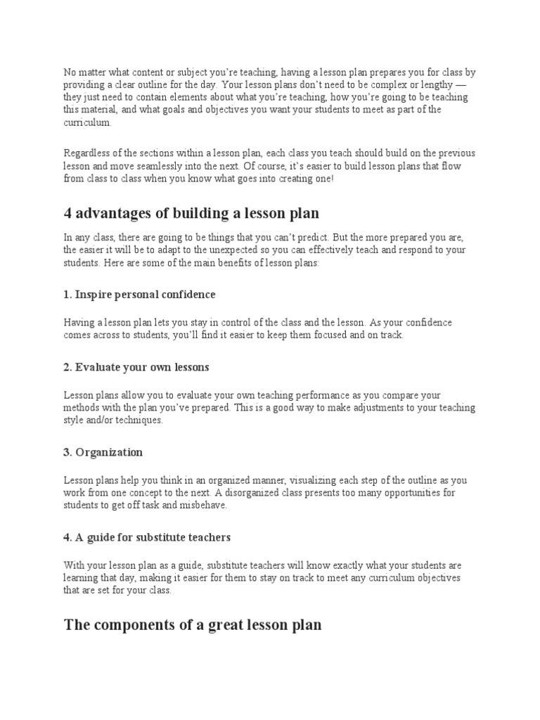 4 Advantages of Building A Lesson Plan: 1. Inspire Personal Confidence | PDF | Lesson Plan ...