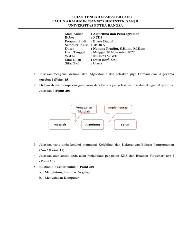 Nanang Pradita, S.Kom, M.Kom-1668293990-Soal UTS Algoritma Dan Pemrograman 3BDRA | PDF | Metode ...