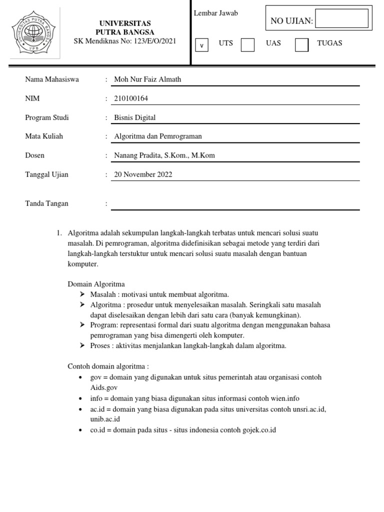 Uts Algoritma Dan Pemrogaman Moh Nur Faiz Almath Pdf