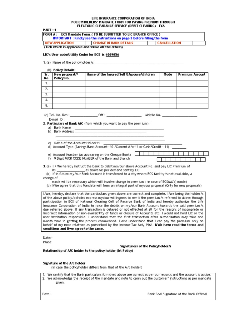 Ecs New Form Lic | Insurance | Cheque | Free 30-day Trial | Scribd