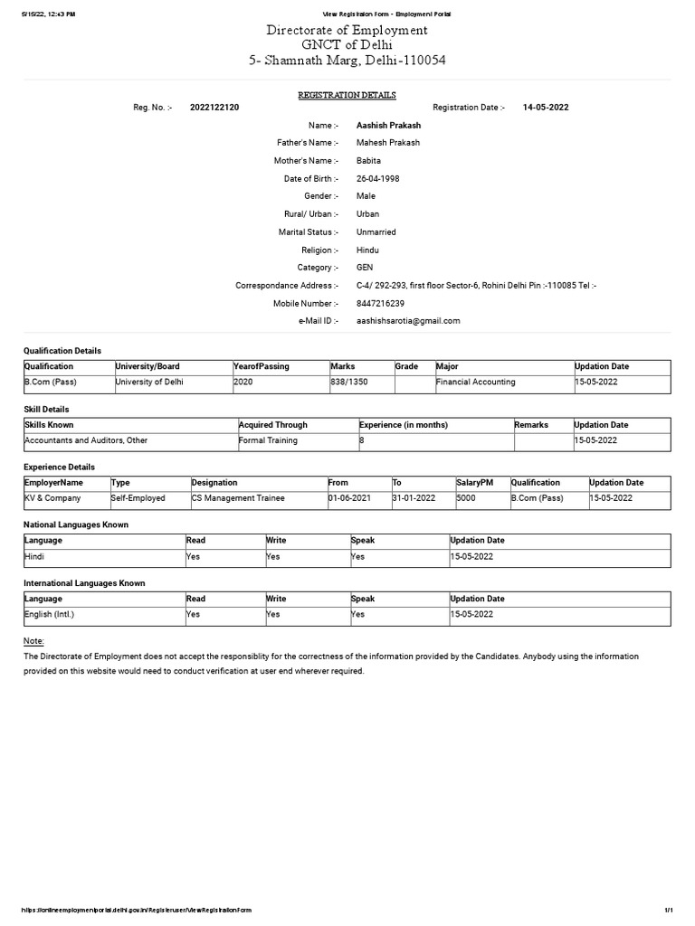 Delhi Employment Portal Registration Form | PDF