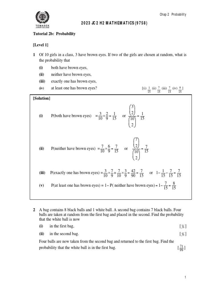 2023 Tut 2b Probability (Solution) | PDF | Arithmetic | Mathematical ...