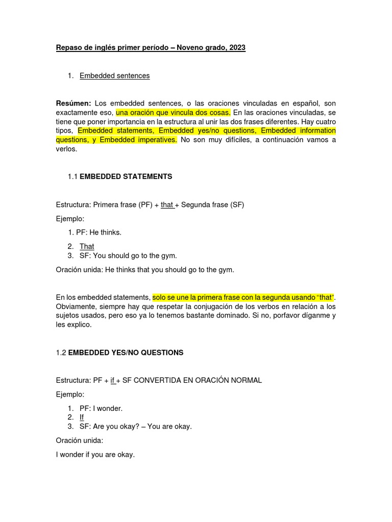 Embedded Sentences | PDF | Oración (Lingüística) | Asunto (gramática)