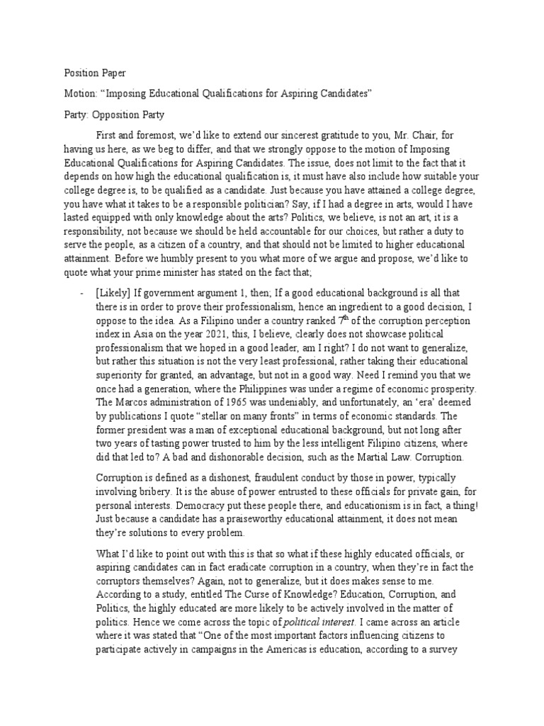 Position Paper | PDF | Political Corruption | Political Science