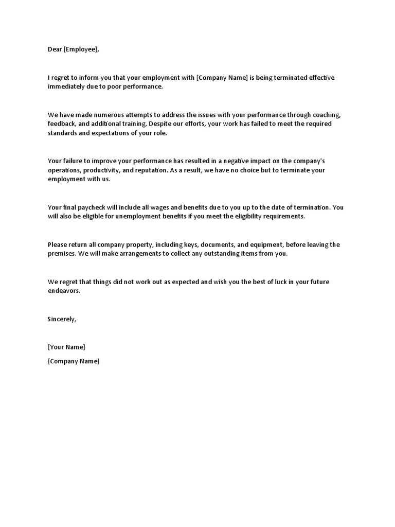 Termination Template Letter For Not Performance | PDF