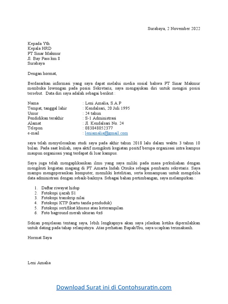 64 - Contoh Surat Lamaran Kerja Sekretaris Di Perusahaan | PDF