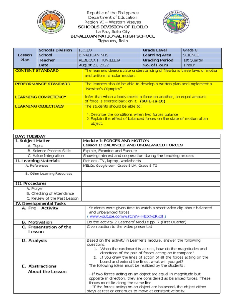 Balanced and Unbalanced Forces: A Lesson Plan on Newton's First Law of ...