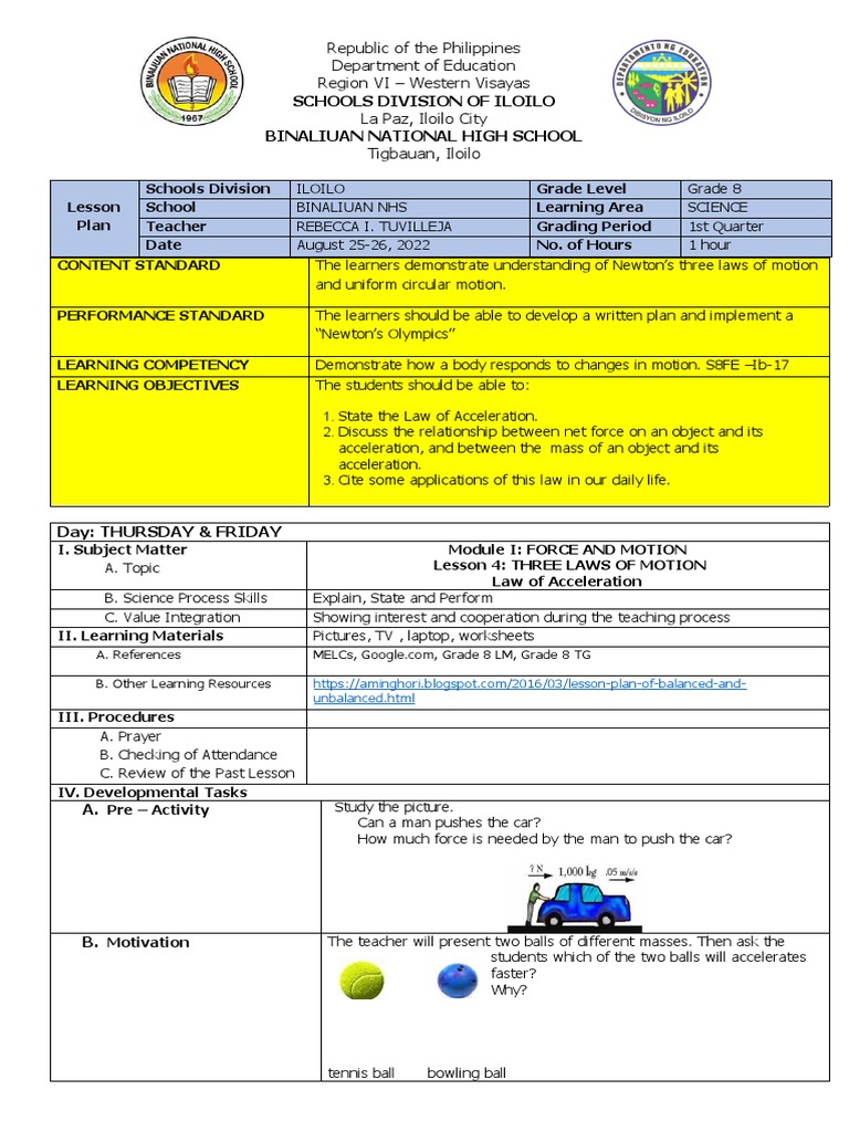 Newton's Laws of Motion Lesson Plan | PDF | Force | Mass