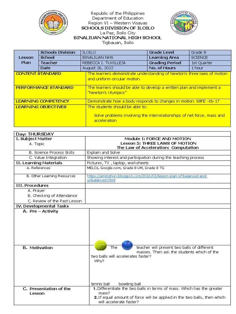 SCIENCE 8 Daily-Lesson-Log - 5TH DAY | PDF | Force | Mass