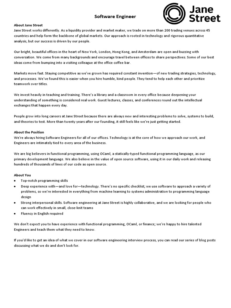 Software Engineer JD - Jane Street | PDF | Computer Programming ...